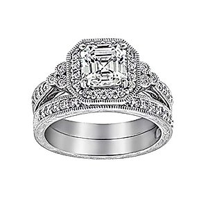 Amazon Essentials Platinum-Plated Sterling Silver Antique Ring set with Asscher-Cut Infinite Elements Cubic Zirconia, Size 8 (previously Amazon Collection)