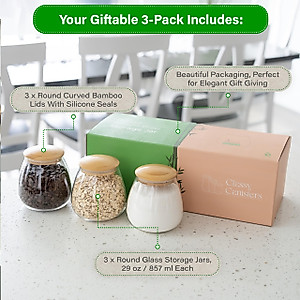 Set of 3 Round Glass Jars With Bamboo Lids - Modern, Glass Storage Containers for Coffee, Sugar, Candy, Rice, Pasta & More - Decorative 29 Ounce Borosilicate Glass Canisters With Airtight Lids
