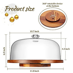 Rotating Cake Stand with Clear Acrylic Dome Lid, Turntable Base, Display Server Tray for Kitchen,Birthday Parties,Weddings,Baking Gifts,Acacia Wood Lazy Susan with Cover