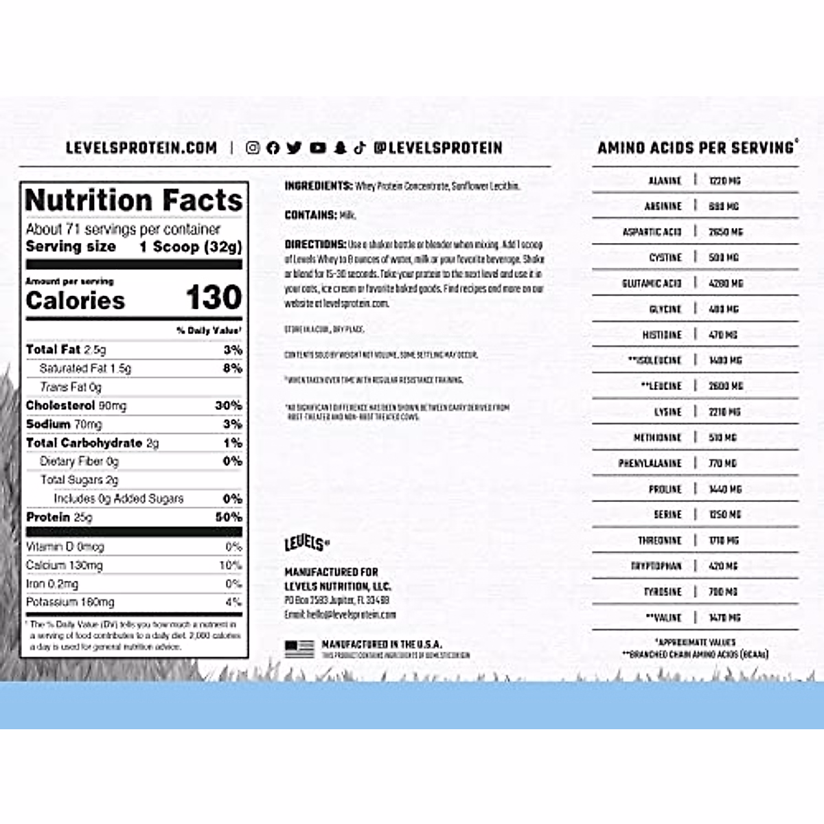 Levels Grass Fed 100% Whey Protein, No Hormones, Unflavored, 5LB