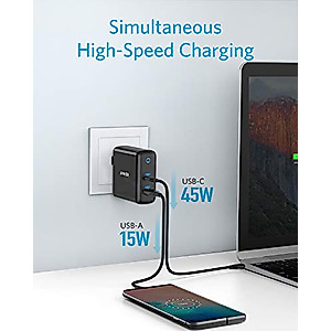 Anker 60W PIQ 3.0 & GaN Tech Dual Port Charger, PowerPort Atom III (2 Ports) Charger with a 45W USB C Port, for USB-C Laptops, MacBook, iPad Pro, iPhone, Galaxy, Pixel and More