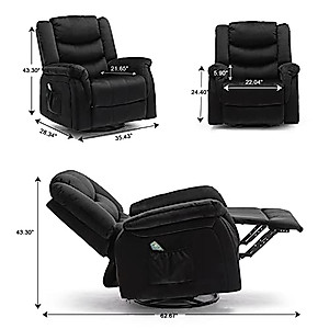 KALEVILL Recliner Chair with Heat and Massage, Recline Chair 360° Swivel Rocker Rocking Recliner, Overstuffed Home Theater Seating with 4 Side Pockets Black