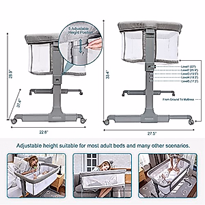TCBunny 2-in-1 Baby Bassinet & Bedside Sleeper, Adjustable Portable Crib Bed for Infant/Newborn Baby, Grey (Mosquito Net Not Included)