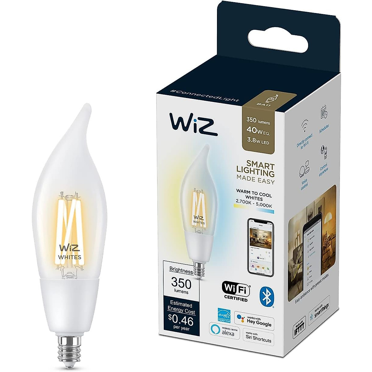 WiZ Clear 40W BA11 Tunable White Filament LED Smart Candle-Shaped Bulb - Pack of 1 - E12- Indoor - Connects to Your Existing Wi-Fi - Control with Voice or App - Matter Compatible