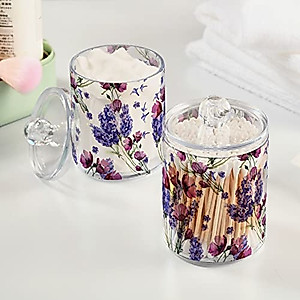 2 Pack Qtip Holder Dispenser for Cotton Ball Purple Lavender on White Cotton Swab Cotton Round Pads Clear Plastic Acrylic Jar Set Bathroom Canister