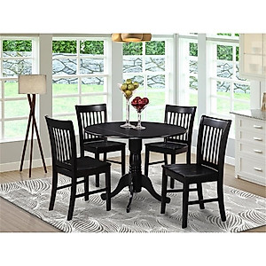 Pemberly Row 5-Piece Wood Dining Set with 42 Inch Round Table and Slatted Back Dining Chairs in Black