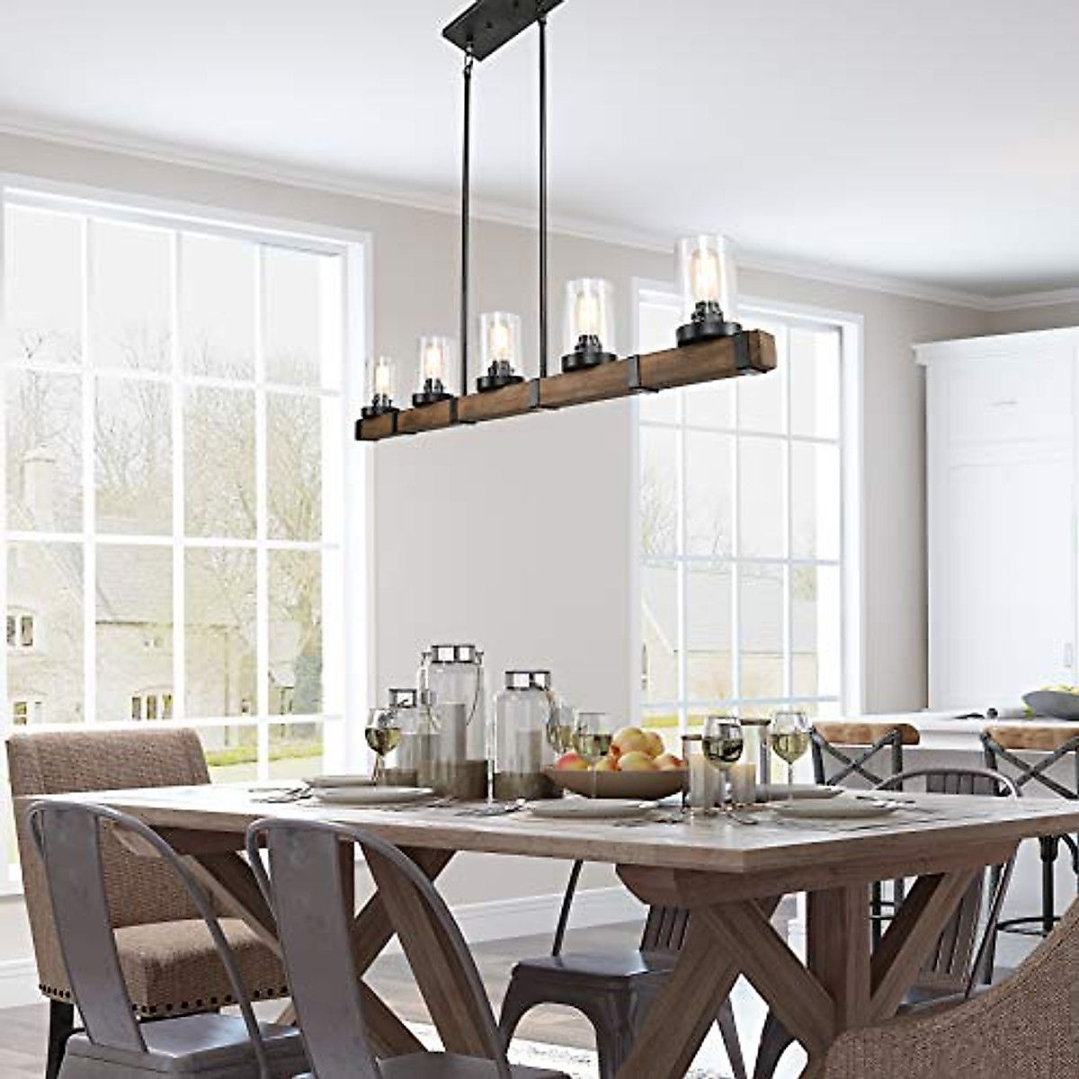 Farmhouse Chandeliers for Dining Room, 5-Light Kitchen Island Lighting, Rectangle Wood Chandeliers with Seedy Glass Shades