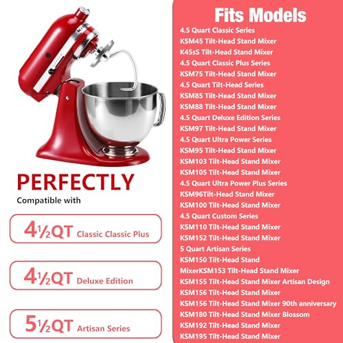 4.5-5QT Stainless Steel Dough Hook for KitchenAid Stand Mixer, Kitchen Aid Attachment Accessories/No coating/Dishwasher Safe Replacement for Kitchenaid Classic, Classic Plus and Artisan Serie Mixer