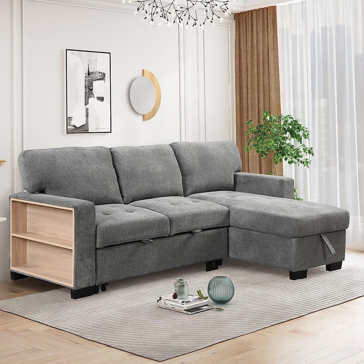 Polibi L-Shape Convertible Sofa with Storage Chaise, USB Charger, Cup Holders and Side Shelves, Velvet Multifunctional 3-Seat Couch, Pull-Out Sleeper Sofa Bed for Living Room, Bedroom, Grey