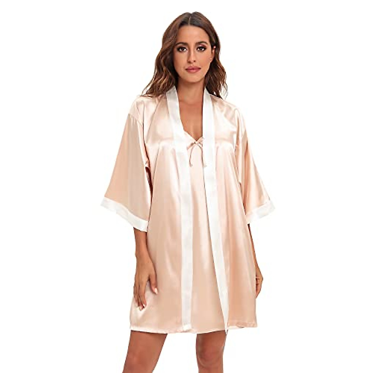 Escalier Women's Satin Pajamas Set Silky Robe with Sexy Slip Nightgown 2Pcs Sleepwear Silk Pjs Champagne S