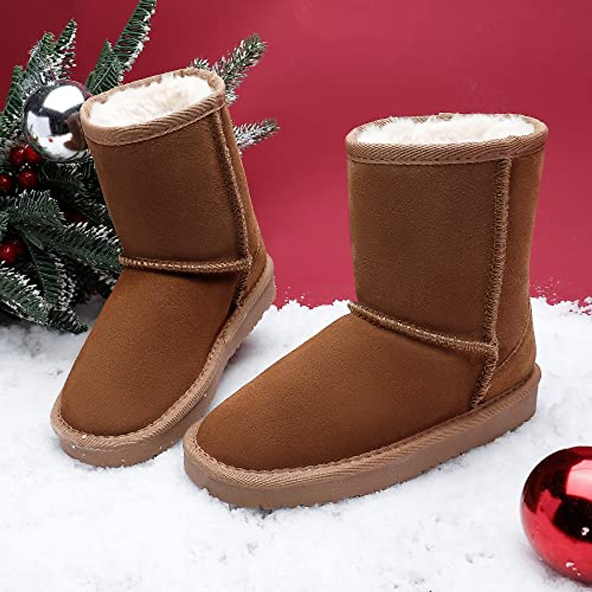 DREAM PAIRS Girls Boys Boots Kids Faux Fur Lined Winter Mid Calf Snow Boots Shorty-K Chestnut Size 13 Little Kid
