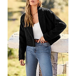 BTFBM 2023 Women's Fashion Fuzzy Fleece Short Jacket Fall Winter Lapel Button Down Outerwear Long Sleeve Faux Fur Coat(Solid Black, Medium)