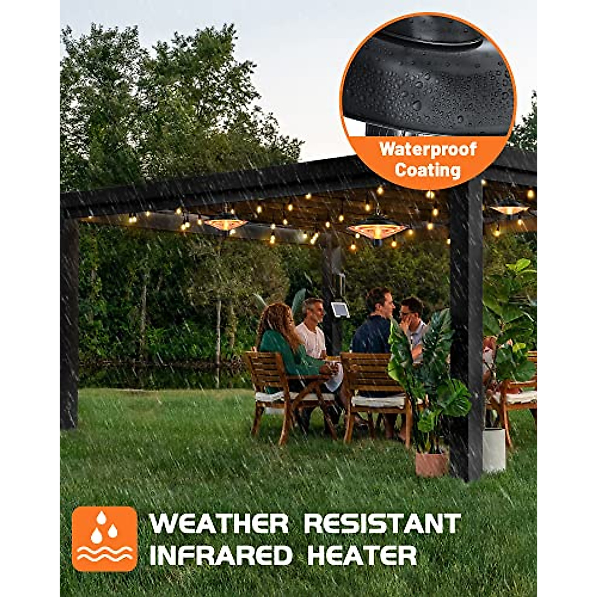 PIAOMTIEE Electric Patio Heater, Waterproof Hanging Patio Heater, Infrared Porch Heater Ceiling Hanging Heaters for Indoor Outdoor Use, Black Balcony Heater with 2 Adjustable Modes 600W/1500W