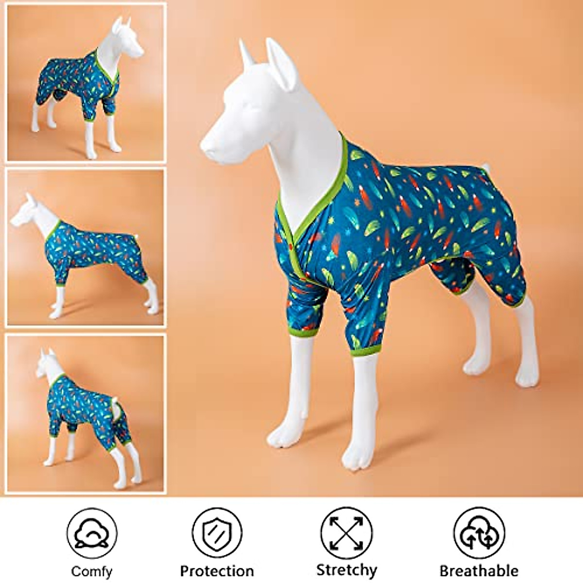 LovinPet Pet Shirts, Bottoming Dog Shirt for Dog Coats, Anti Licking, Anxiety Calming Onesies for Dogs, Elastic Super Dinos Face Shooting Stars Navy Large Breed Dog Clothes 3XL