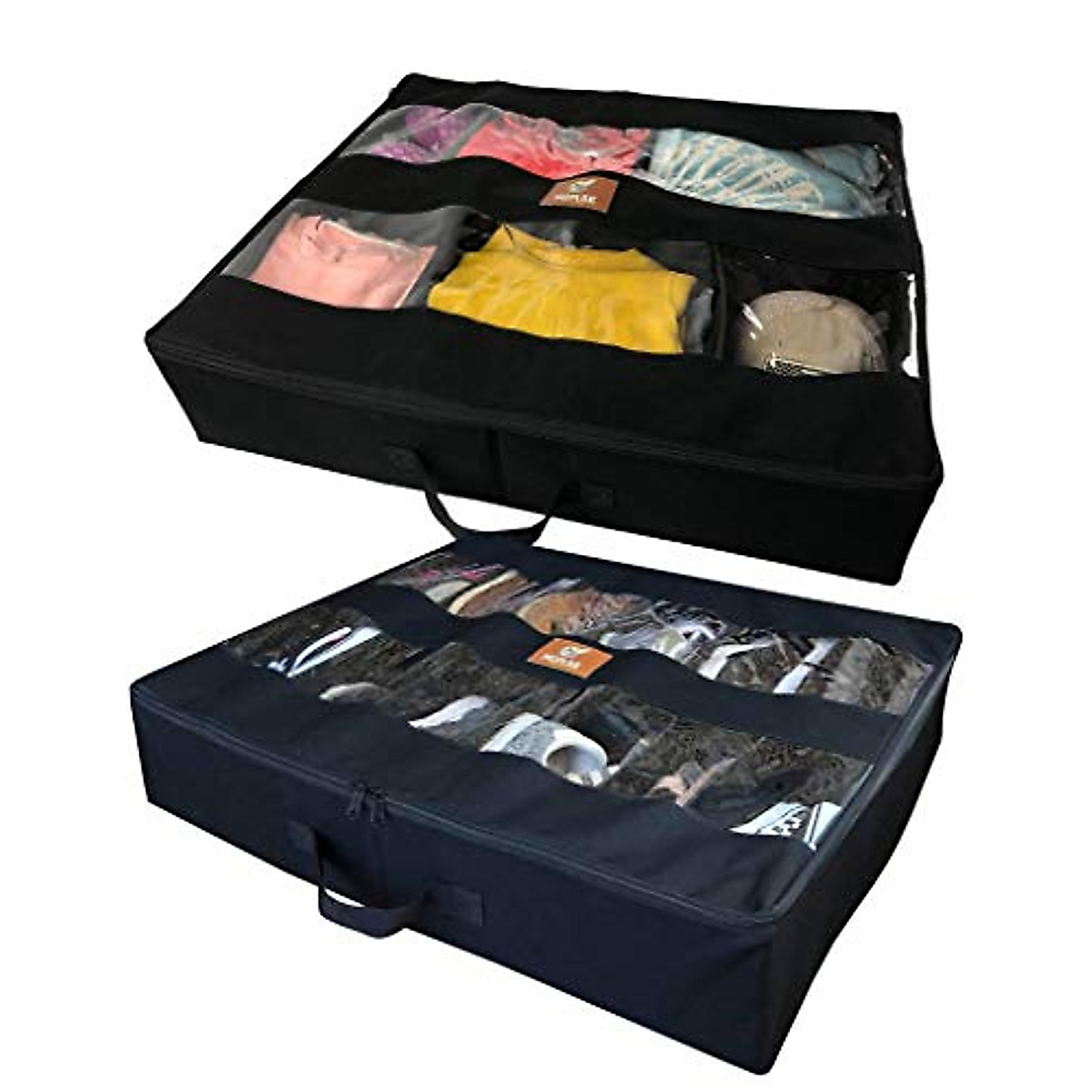 Norse 2 in 1 Large Underbed Storage Bags Organizer Container 2 Sturdy Zippers, Blankets Clothes Comforters Foldable Storage Bags with Clear Window (SET OF 2 : 2-in-1 Under bed Organizer, Black)