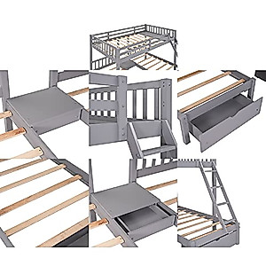 MOOLO 3-1 Full Over Twin, Twin Bunk Bed, Wood Triple Bunk Bed with Drawers and Guardrails for Kids Teens Adults(Color:Gray)
