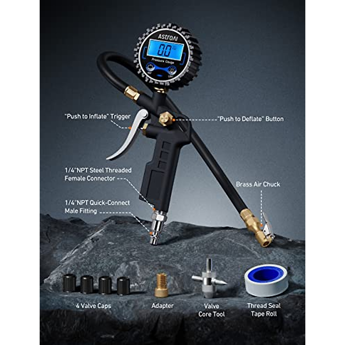 AstroAI Digital Tire Pressure Gauge with Inflator, 250 PSI Air Chuck and Compressor Accessories Heavy Duty with Quick Connect Coupler, 0.1 Display Resolution, Car Accessories for SUV, Truck, RV