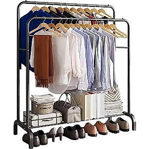 GISSAR Metal Clothing Rack, Double Rod Garment Rack with Bottom Shelf for Hanging Clothes, Coats, Skirts, Shirts, Sweaters, Boxes Shoes Boots Storage Organize, Height 57", Black