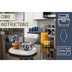 Nat & Jules Leaves White and Blue 18 ounce Ceramic Cereal Ramen Bowls Set of 4