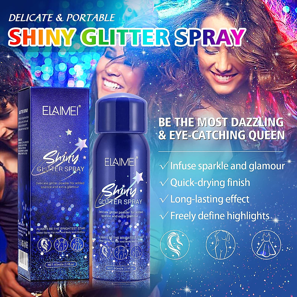 LOKFAR Glitter Spray for Hair and Body, Body Glitter Spray Hair Glitter Spray, Quick-Drying Waterproof Glitter Body Spray Glitter Hairspray, Body Shimmer Sparkle Spray (2.11 oz)