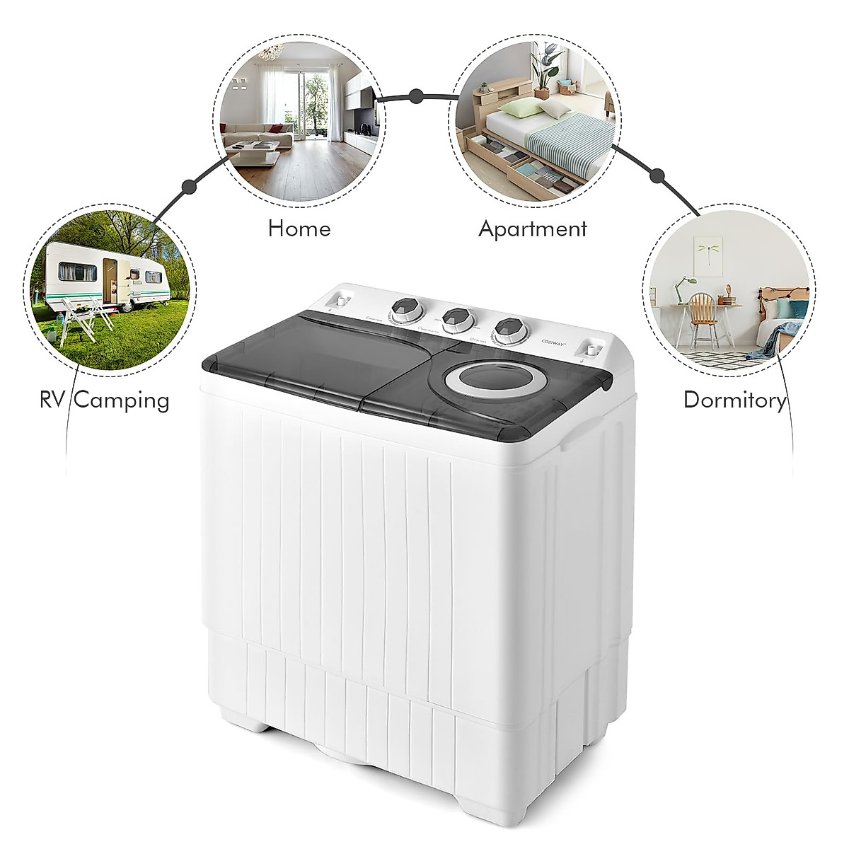 COSTWAY Portable Washing Machine, 2-in-1 Twin Tub 26lbs Capacity Washer(18lbs) and Spinner(8lbs) with Control Knobs, Timer Function, Drain Pump, Compact Laundry washer for Home Apartment RV, Grey