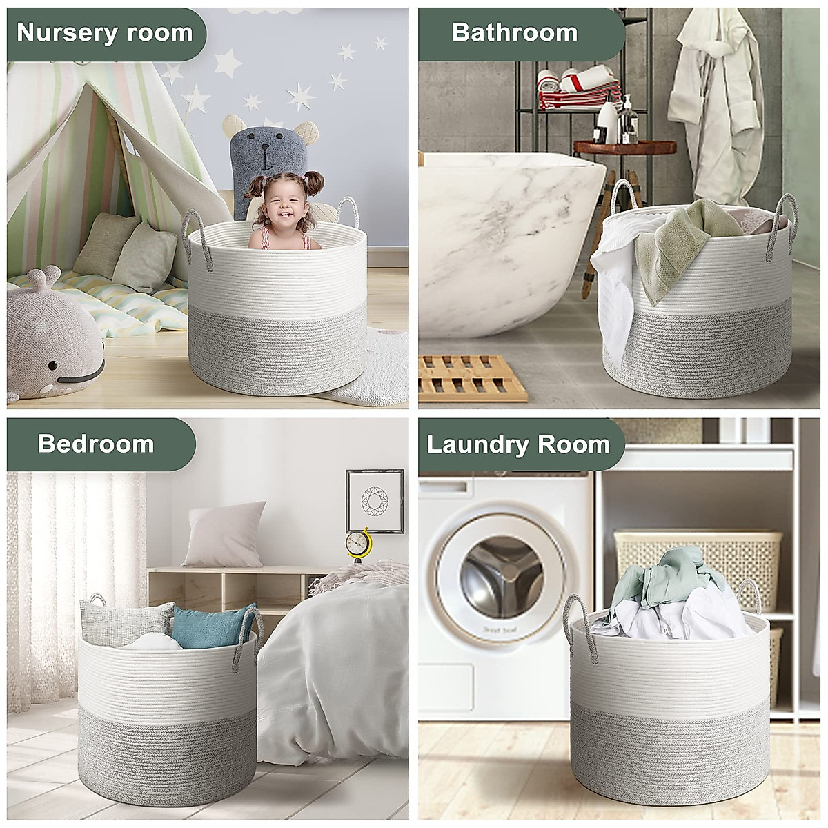 LOVSTORAGE 20.5"x 15" Large Rope Blanket Basket with Lid, Woven Storage Basket Baby Laundry Basket Hamper Decorative Nursery Toy Basket Bin with Handles for Living Room Bedroom-White&Brown, L