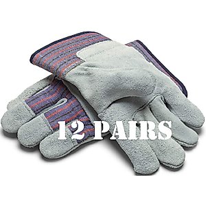 Greendale (3, 6 or 12 Pack - Leather & Cotton Work Gloves - Garage, Yard, Garden, Industrial, Commercial - One Size Fits Most (12, One Size)