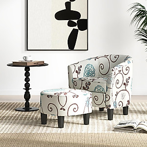 Giantex Small Accent Chair with Ottoman Set, Upholstered Barrel Chair with Footrest, Modern Accent Armchair with Ottoman, Round Club Chair for Living Room, Small Space, Bedroom (Blue Flower)