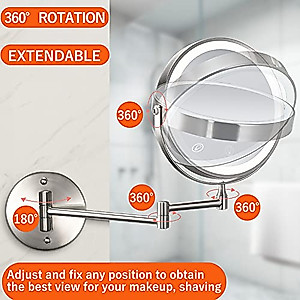 Wall Mounted Lighted Makeup Mirror 8 Inch 1X 10X Magnification with 3 Color LED Lights, Rechargeable Dimmable Magnifying Vanity Mirror, Extendable Arm 360° Swivel Bathroom Mirror, Brushed Nickel