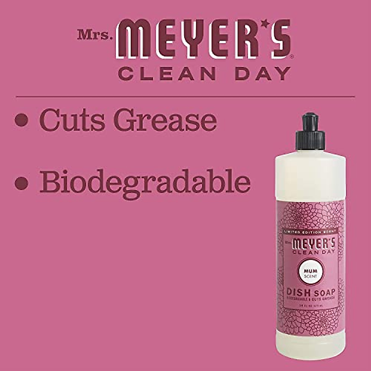 MRS. MEYER'S CLEAN DAY Liquid Dish Soap, Biodegradable Formula, Mum, 16 Fl Oz. (Pack of 3)