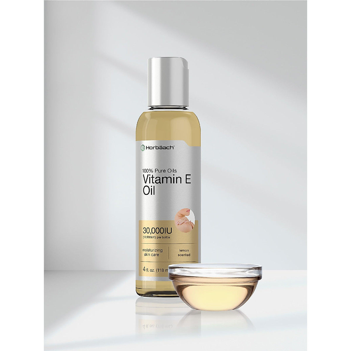 Horbäach Vitamin E Oil For Skin 30,000 IU | 4 fl oz | 100% Pure Oils | Moisturizing Skin Care | Non-GMO, Vegetarian | Lemon Scented