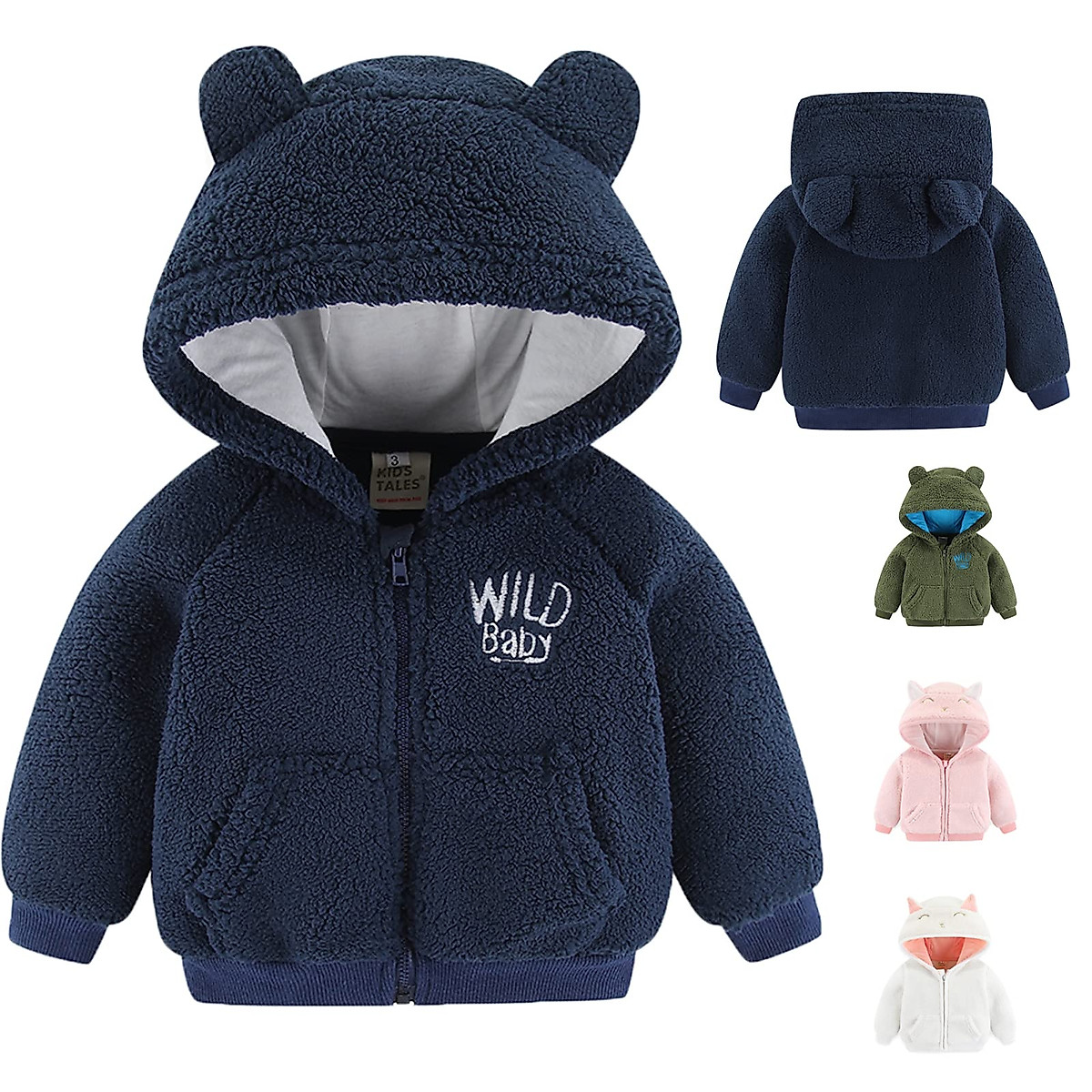 Newborn Infant Baby Boys Girls Cartoon Fleece Hooded Jacket Coat with Ears Warm Outwear Coat Zipper Up (0-3M, Navy Blue)