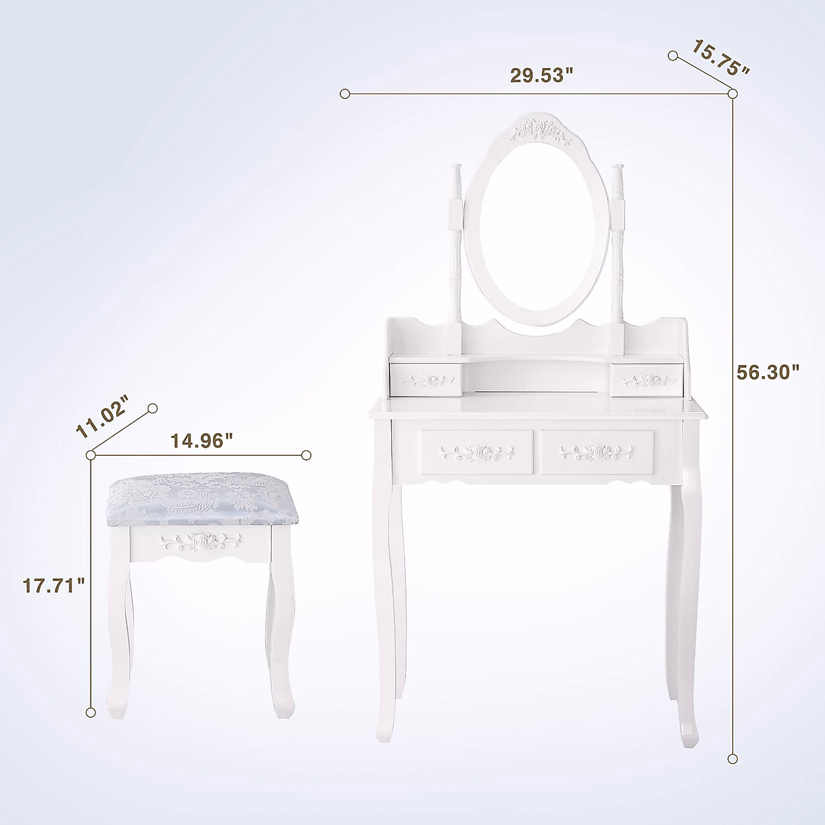 mecor Vanity Table Set with 4 Drawer,Makeup Dressing Table w/Cushioned Stool,Girls Women Bedroom Furniture Set Oval Mirror White