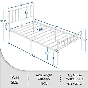 Topeakmart White Metal Twin Size Bed Frame with Headboard and Footboard, White Platform Bed Frame Twin, Heavy Duty Steel Salt Metal Bed Frame, No Box Spring Needed, Anti-Slip Metal Bed Frame, White