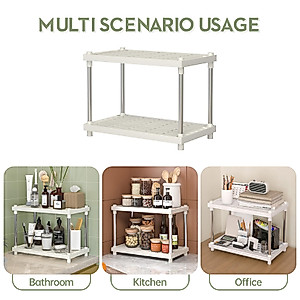 LEAIJIAFY 2 Tier White Plastic Bathroom Organizer Countertop Storage Shelf,Counter Under Sink Standing Shelf Vanity Organizer for Kitchen,Makeup Organizer for Bathroom Cabinet,13MM Metal Tubes