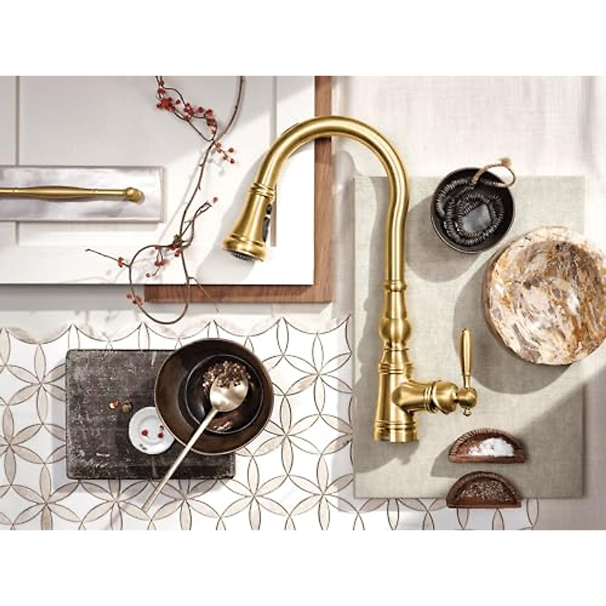 Moen Weymouth Brushed Gold Smart Faucet Touchless Pull Down Sprayer Kitchen Faucet with Voice Control and Power Boost, S73004EVBG