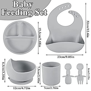 6 Pack Silicone Baby Feeding Set Baby Led Weaning Supplies with Suction Bowl Divided Plates Bib Tiny Cup Baby Dishes with Spoon Fork, Toddler Infant Self Feeding Eating Utensils Set(Gray)