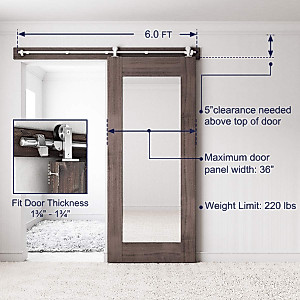 SMARTSTANDARD 6 Feet Top Mount Sliding Hardware Kit with 12'' Handle Set-Stainless Steel Heavy Duty Sturdy Barn Track-Simple and Easy to Install-Fit 36" Wide Door Panel (T Shape Hanger)