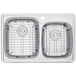CozyBlock 33 x 22 x 9 Inch 60/40 Offset Top-mount/Drop-in Stainless Steel Double Bowl Kitchen Sink with Strainer and Protective Bottom Grid - 18 Gauge Stainless Steel-1 Faucet Hole
