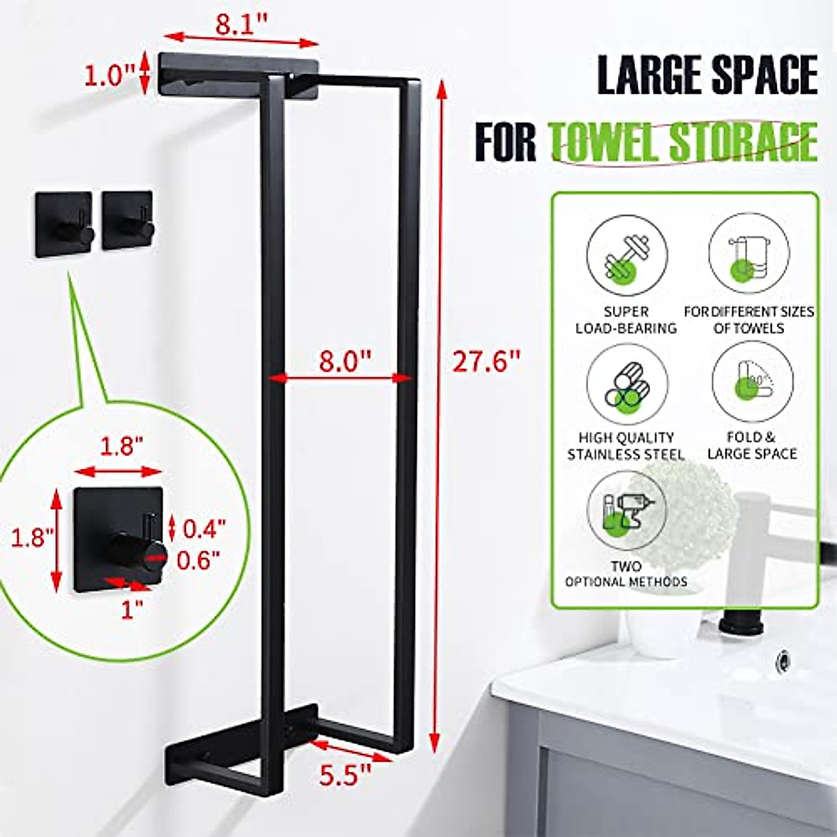 EAPC Towel Racks for Bathroom, Wall Mounted Bath Towel Rack, Adhesive & Drilling Towel Storage with 2 Towel Hooks, Stainless Steel Bathroom Organization Shelf for Washcloths Hand or Bath Towels