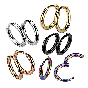 18GA 316L Stainless Steel 2mm Thick Hinged Round Hoop Earrings, Sold as a Pair (8mm Diameter, Black)