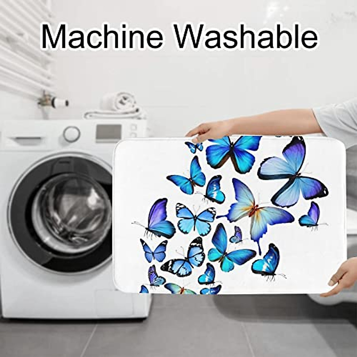 ASEELO Blue Butterfly Bathroom Rugs Sets 3 Piece with Toilet Cover, Bath Mats,U-Shaped Contour Mat,for Bathroom,Tub