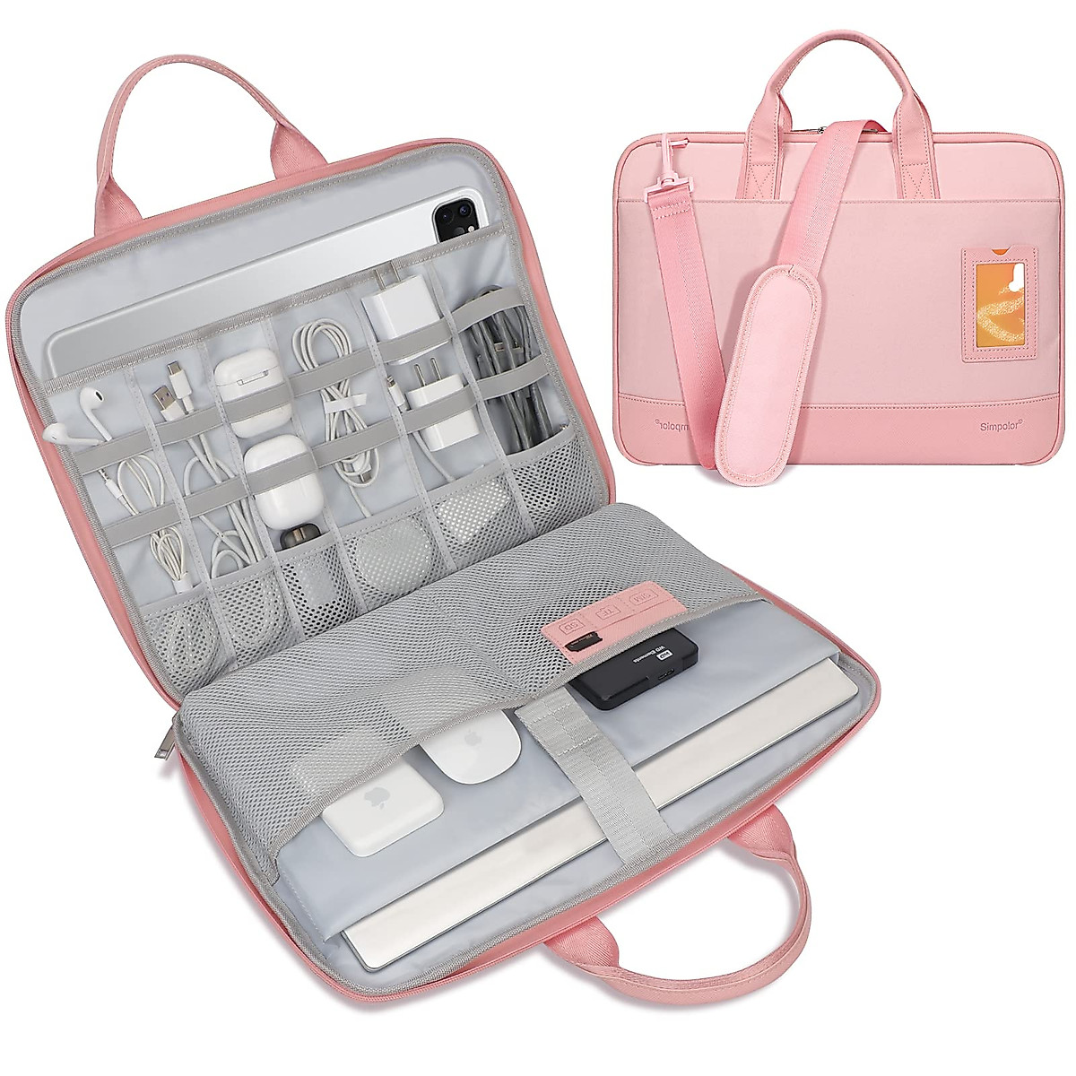 Simpolor 15.6’’ Laptop Case Cable Organizer, Electronic Organizer Inside with Outside Card Holder, 3-Layer Shockproof and Water Resistant 14/15 inch Laptop Sleeve, Pink