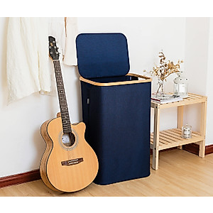 Lonbet - Laundry Hamper with Lid Cover - Sturdy Tall Bamboo Laundry Basket Clothes Organizer - Aesthetic Bedroom Fabric Bin - Big Bathroom Dirty Clothes Hamper - Removable Bag - XL 100 Liters - Blue