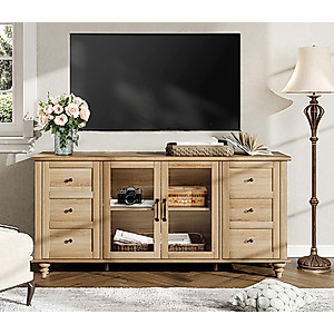 FITUEYES Sideboard Buffet Cabinets with Glass Door, Kitchen Storage Cabinets, Wood Coffee Bar Tables, Accent Sideboard Storage Cabinet Table Dining Room, Living Room,Oak