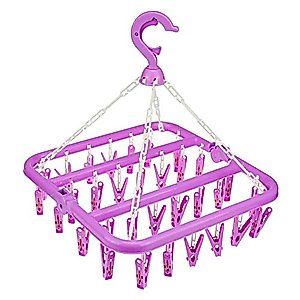 Rivama Clothes Drying Hanger with 32 Clips,Baby Clothes Drying Rack,Sock Clips for Laundry Foldable Clothes Hangers for Drying Socks,Towels,Underwear,Bras,Diapers,Baby Clothes,Gloves,Hats (Purple)
