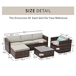 HOMPUS 6 Pieces Outdoor Furniture Set, All-Weather Patio Conversation Set Brown Handwoven Wicker w/Washable Gray Cushions, Glass Coffee Table, Modular Sectional Sofa Set for Backyard Garden Deck Pool