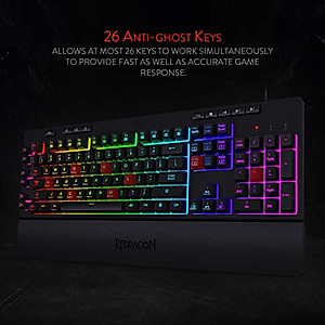 Redragon K512 Shiva RGB Backlit Membrane Gaming Keyboard with Multimedia Keys, Quiet Mechanical Feeling Keyboard, 6 Extra On-Board Macro Keys, Dedicated Media Control, Detachable Wrist Rest