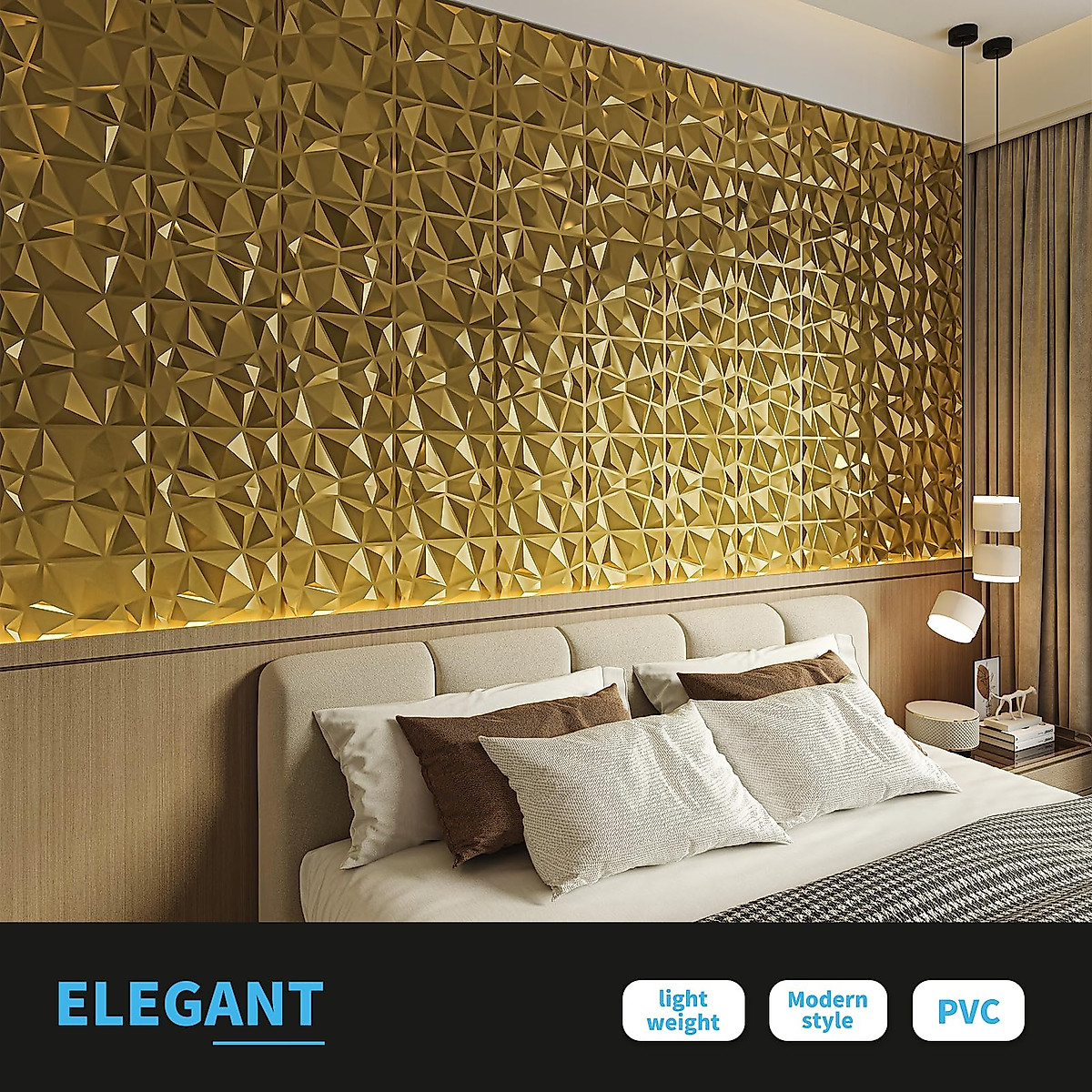 Art3d 3D Diamond Design Paneling for Interior Decor, Living Room, TV Wall Background, Bedroom, Gaming Setup, 11.8" x 11.8", Gold, 33 Pack