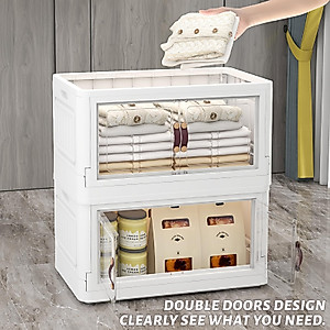 Storage Bins with Lids, 23 Gal White Closet Organizers and Storage, 5 Packs Collapsible Storage Bins with Wheels, Plastic Storage Bins, Double Door Stackable Storage Bins for Home and Office